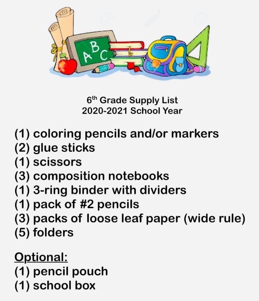 6th Grade School Supply List Belle Shivers Middle School